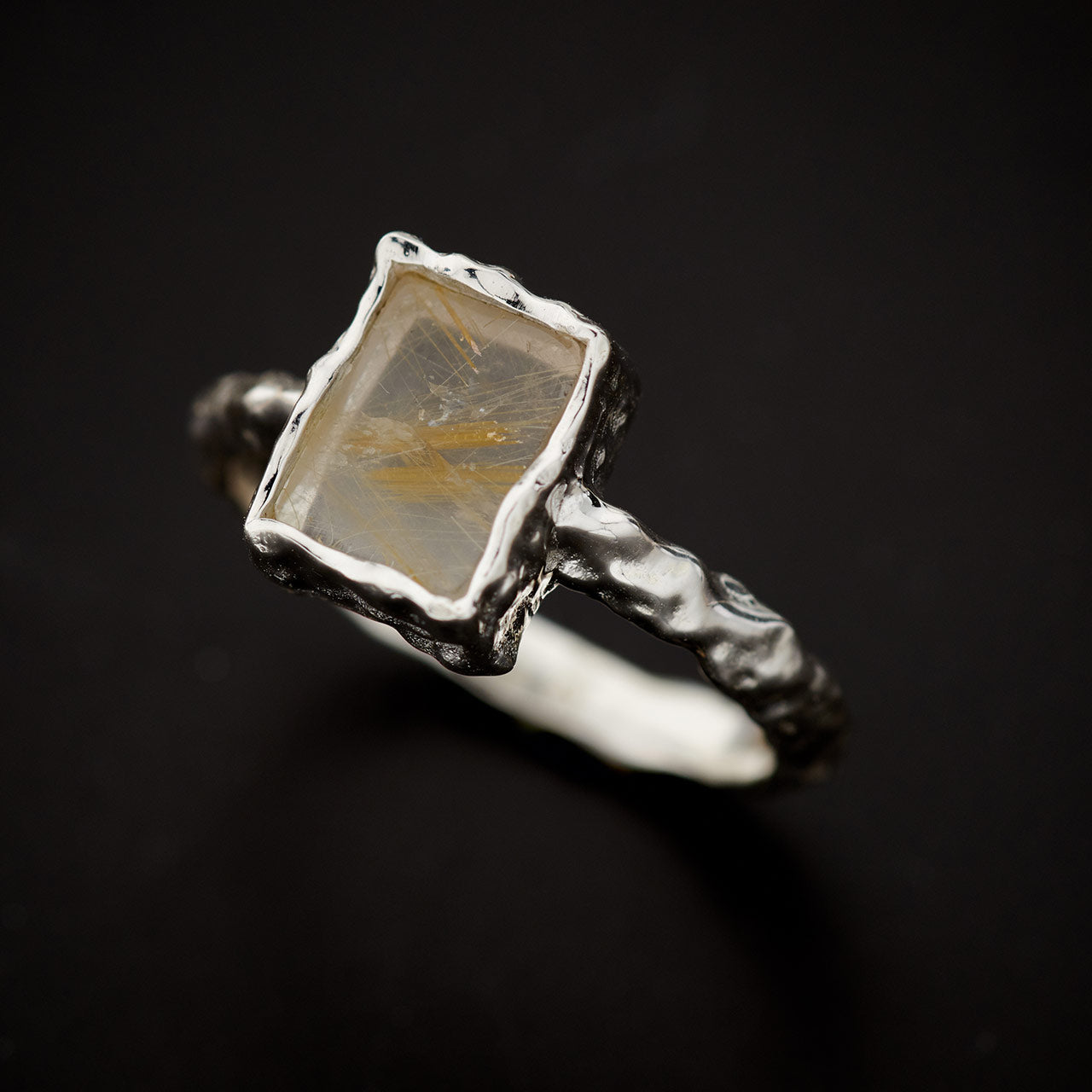 Golden Rutile Sterling Silver Rectangle Hammered Finish Ring – Nugent ...